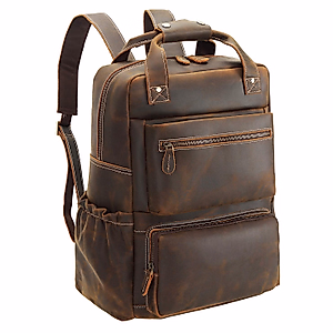 Polare Full Grain Leather 17.3‘’ Backpack Laptop Bag Camping Travel Rucksack Fits 15.6'' Laptop Dark Brown