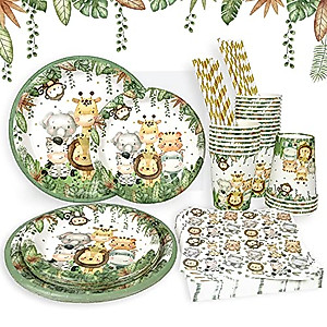 Safari Jungle Baby Shower Plates Set Decorations Boy Birthday Party Supplies Serves 25,Sage Green Plates Napkins Cups and Straws Animals Theme Disposable Tableware Set
