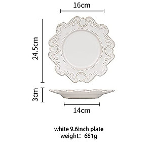 KOWMcp Dinner Plates Vintage Embossed Dessert Plate Ceramic Salad Dish Steak Pasta Dinner Plate Kitchen Tableware Dinnerware Party Household (Color : White, Size : C)