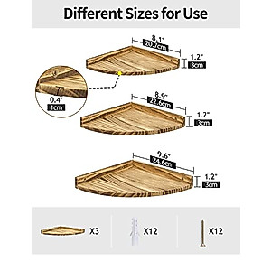 Godimerhea Floating Corner Shelves for Wall, Rustic Solid Wood Wall Mounted Set of 3, Display Hanging Decor Kitchen Storage Heavy Duty Corner Shelf for Living Room Bedroom Bathroom, Brown