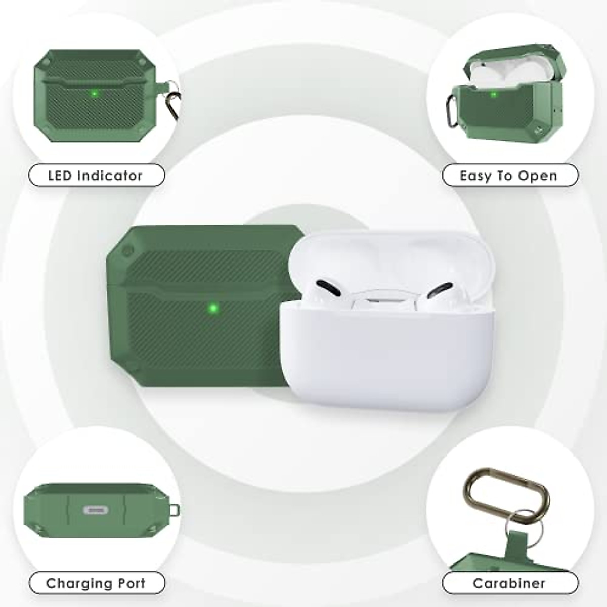 Blaspins AirPods Pro Case, Military Design TPU Hard Shell, Full-Body Rugged Protective Cover Case Skin Shockproof, Secure Lock Clip with Keychain for AirPod Pro 2019 [Front LED Visible] TPU - Green