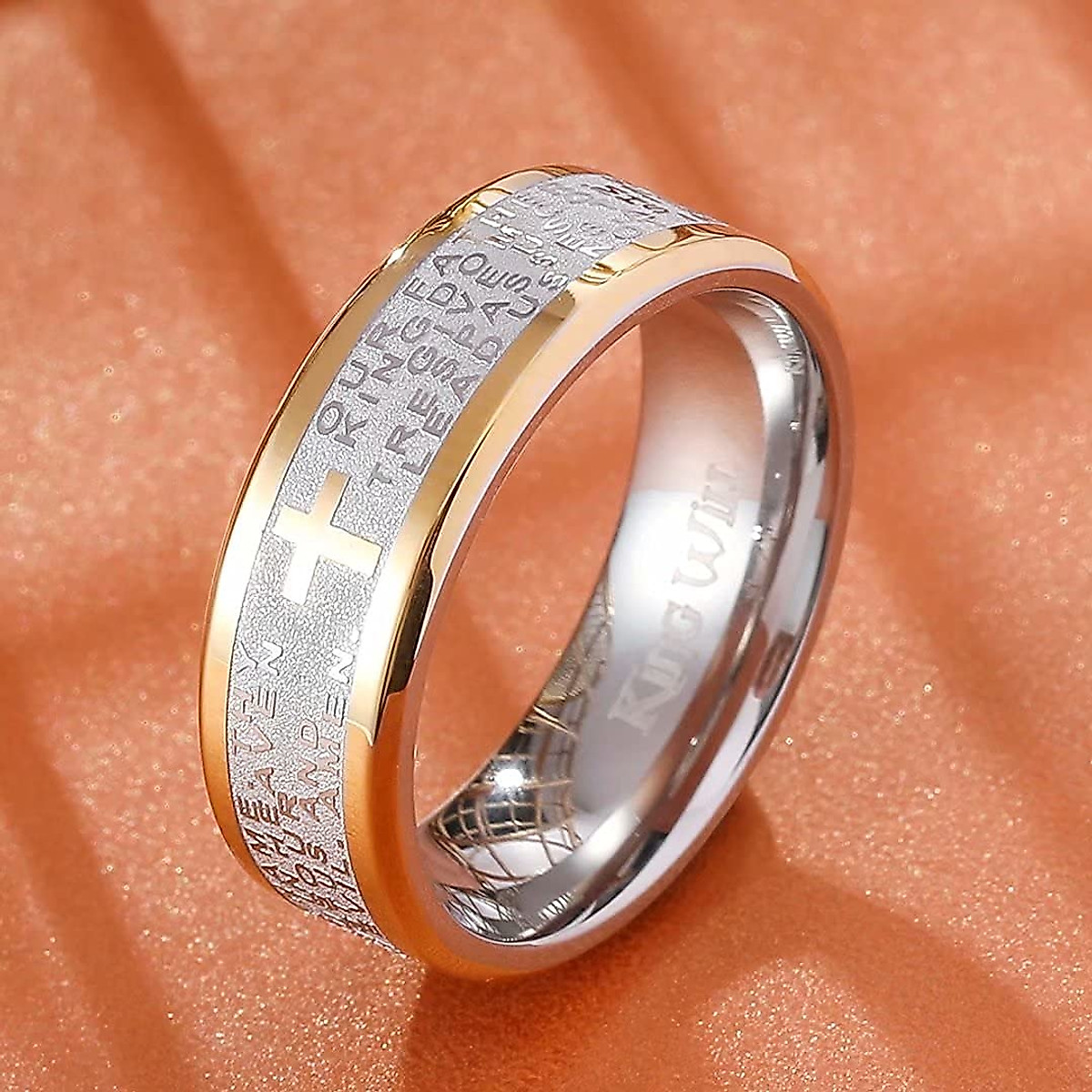 King Will 8mm Lord's Prayer Cross Ring Stainless Steel Ring Gold Silver Wedding Band Bible Engraved Rings High Polished 13.5