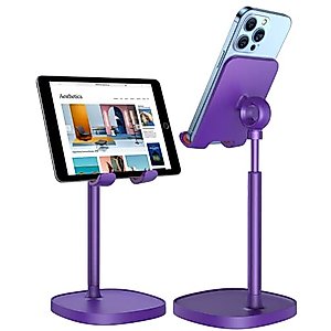 LISEN Purple Cell Phone Stand, Angle Height Adjustable Stable Cell Phone Stand for Desk, Sturdy Aluminum Metal Phone Holder Fits iPhone 14 Pro Max Samsung Kindle All 4''-10'' Devices etc…