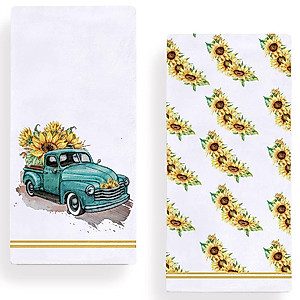 Set of 2 Watercolor Sunflower Kitchen Dish Towel 18 x 28 Inch, Seasonal Spring Summer Sunflower Truck Tea Towels Dish Cloth for Cooking Baking