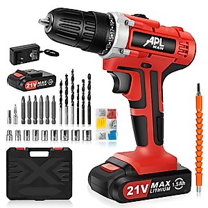 APLMAN Cordless Drill 21V with with Battery Electric Drill Kit 26pcs Accessories 3/8" Drill set All-Metal Chuck 25+1 Torque Setting,2 Variable Speed and LED