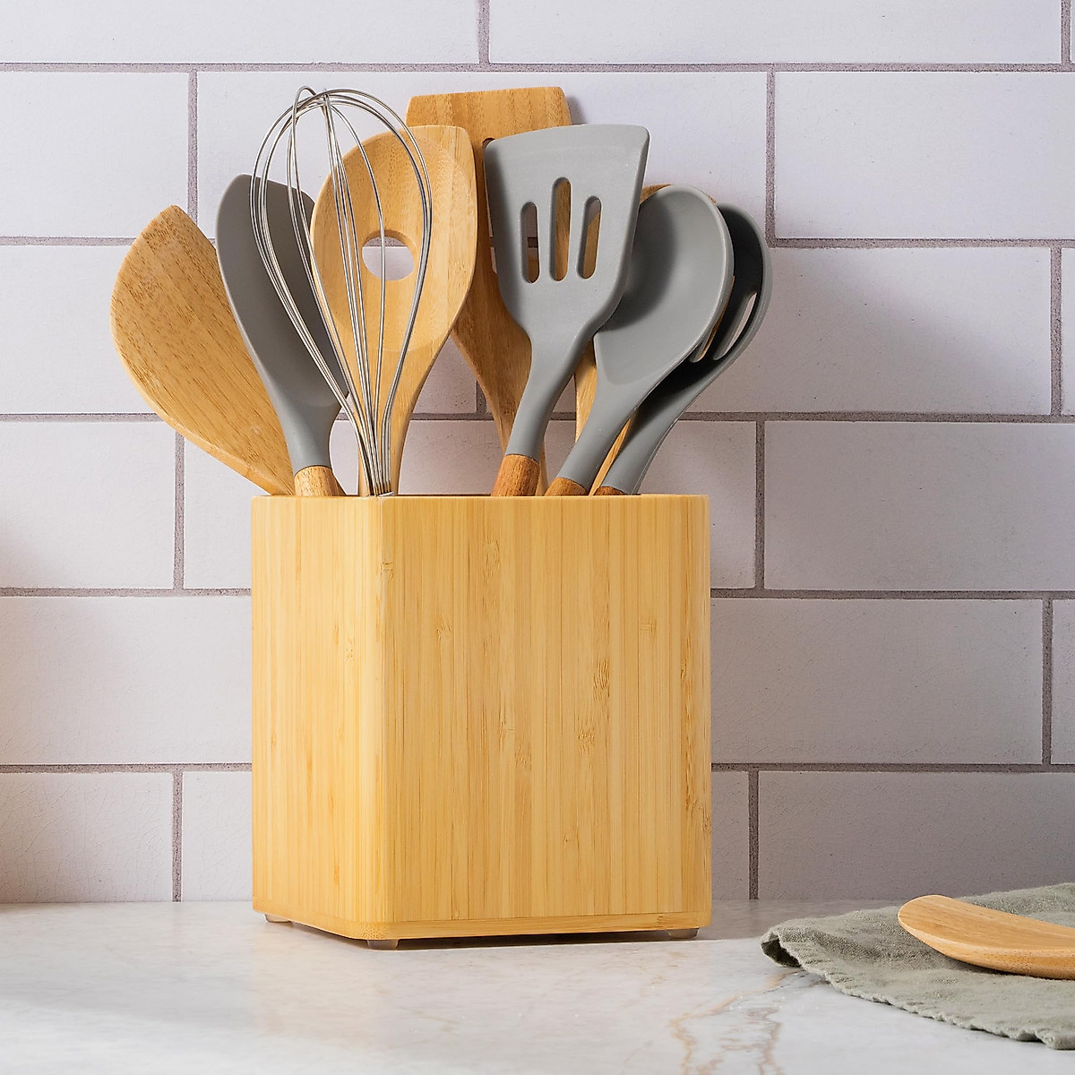 Dehaus® Stylish Large Bamboo Utensil Holder - Premium Wooden Kitchen Utensil Organizer - Utensil Caddy for Countertop - Counter Storage Crock for Cooking Spoon, Spatula, Silverware or Flatware