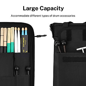 Donner Drumsticks Bag Holder Thickened Large Capacity Drum Sticks Bag Hangable Portable for Drumsticks Brushes Mallets Up to 12 Pairs, Black
