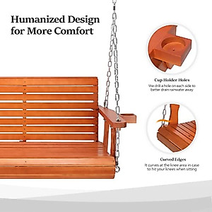 VINGLI Heavy Duty 880 LBS Patio Porch Swing Outdoor with Cup Holder, Hanging Chair with Adjustable Secure Chains, Pine Wood Outdoor Bench Tree Swing for Yard | Garden | Lawn | Balcony (5 FT, Brown)