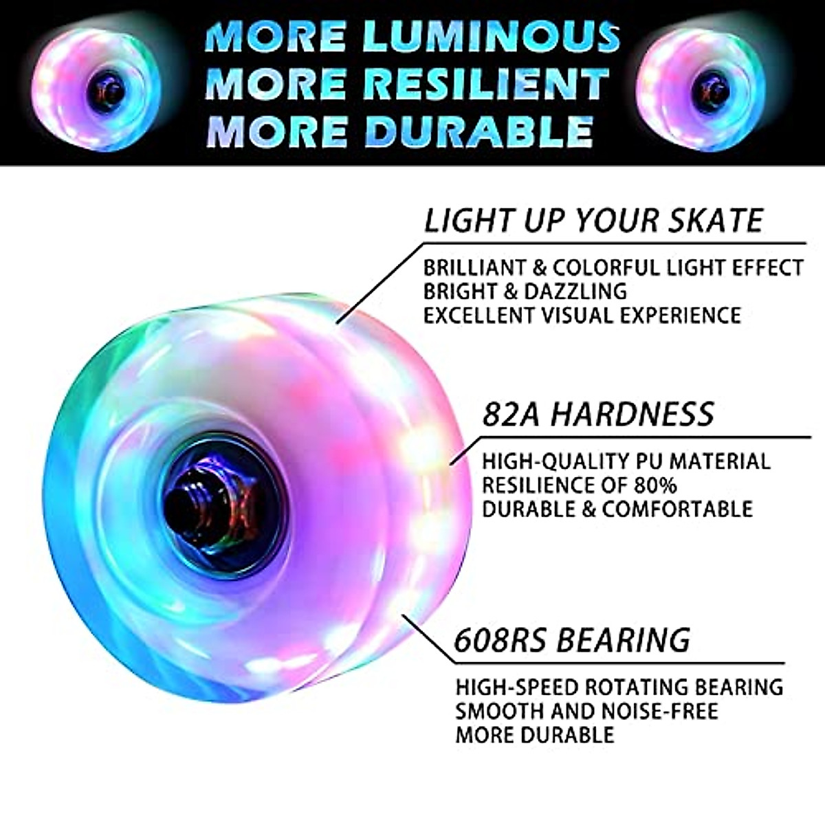 hlaill Roller Skate Wheels Luminous Light Up, with Bearings Outdoor Installed 4 Pack - Roller Skate Wheels for Double Row Skating and Skateboard 32mm x 58mm