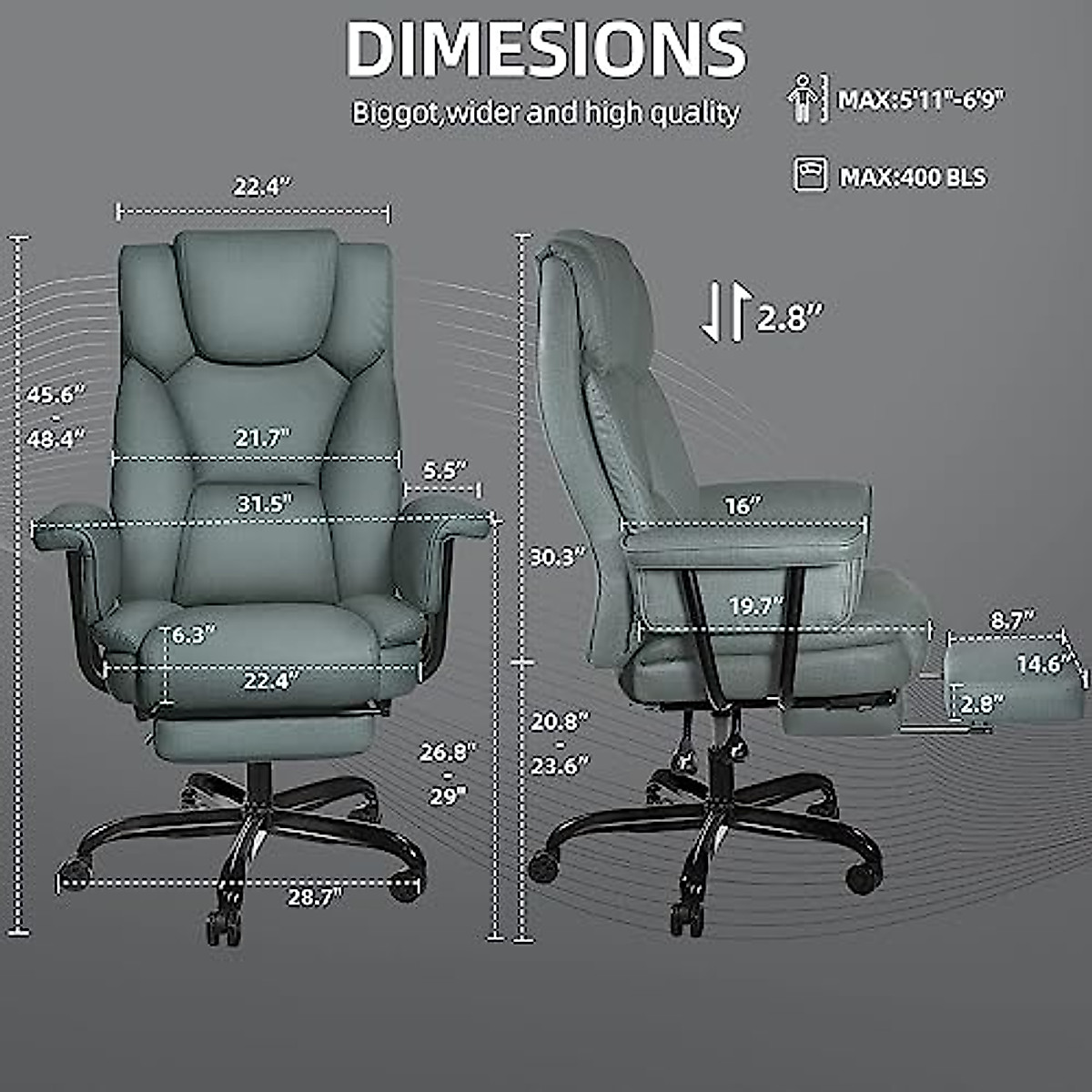 Toszn Reclining Executive Office Chair with Footrest, High Back Big and Tall Office Chair 400lbs Wide Seat 180° Backrest, Ergonomic Leather Managerial Desk Office Chair for Heavy People, Grey Green