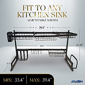 Vlish Over The Sink 2 Tier Dish Drying Rack - Expandable Length 35-42in | Space-Saving, Rust-Resistant, Non-Slip Foot Rubber | Stainless Steel Kitchen Counter Drainer Organization Storage Shelf