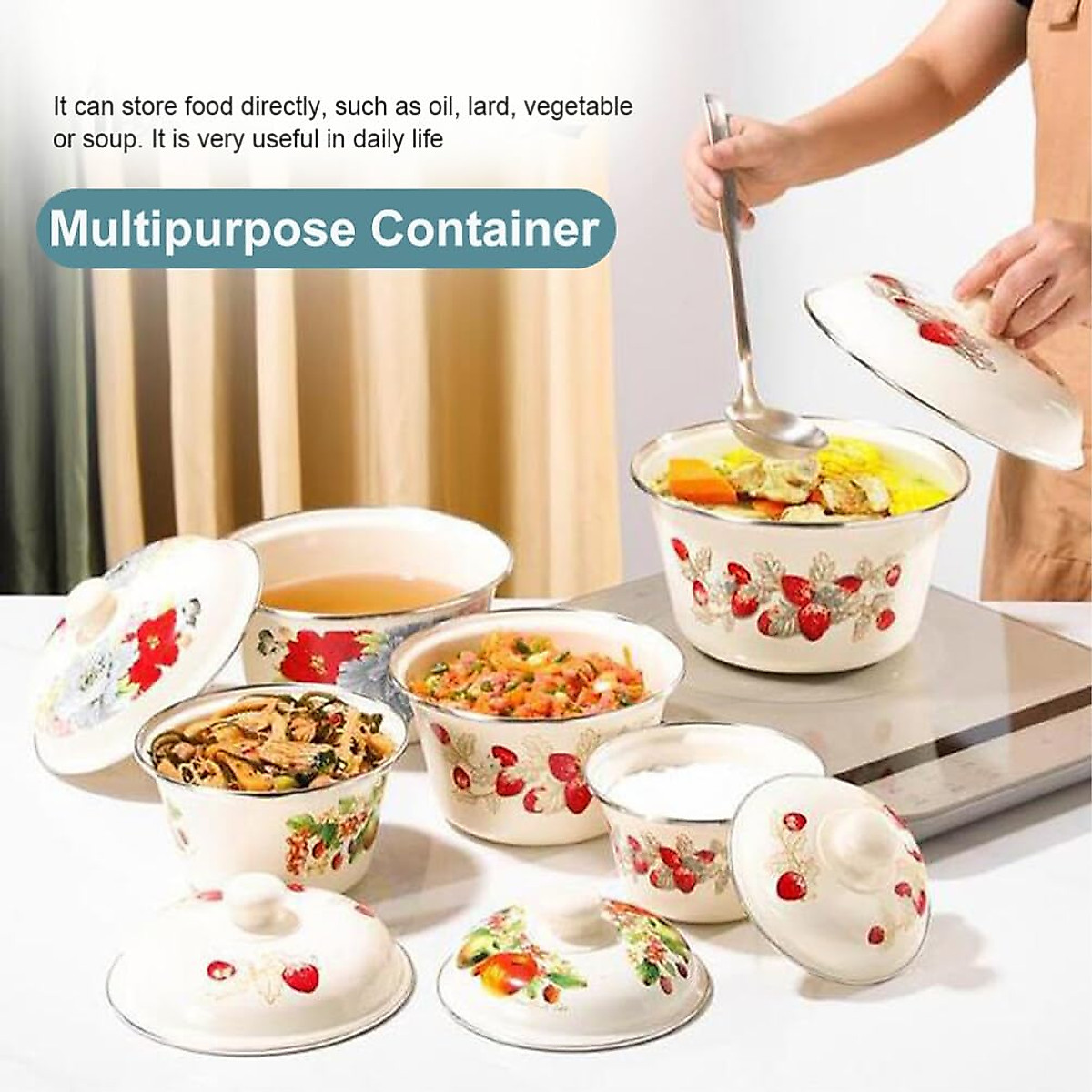 Enamelware Serving Bowl Vintage Large Enamel Food Bowl: Retro Floral Style Soup Basin with Lid Farmhouse Enamelware Deep Dish Bowls for Pasta Salad Cereal Soup 18cm Random Pattern Enamel Nesting Bowl