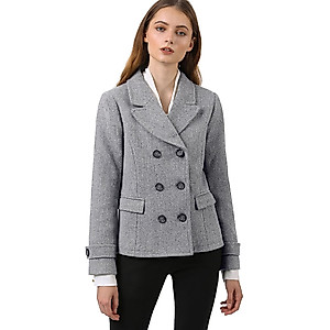 Allegra K Women's Notched Lapel Double Breasted Pea Coat Medium Grey