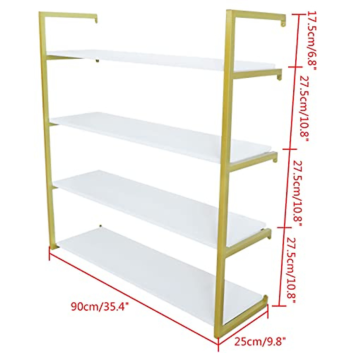 GDAE10 Modern Wall Mounted Shelf Gold Metal Wall Shelf with Wooden Board Floating Storage Rack Wall Mounted Bookshelf Suitable for Living Room Study Bedroom (36 Inch 4 Layer)