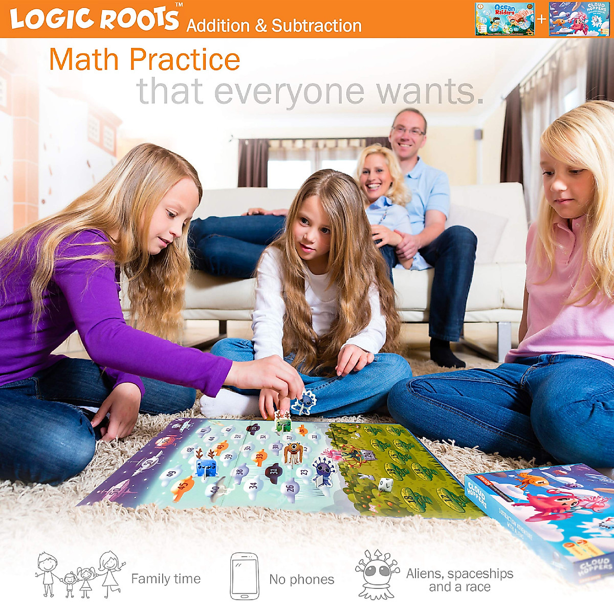 Logic Roots Addition and Subtraction Games - Pack of 2, Ocean Raiders and Cloud Hoppers, Math Board Games & STEM Toys for 6-8 Year Olds, Educational Gift for Kids, Homeschoolers, Kindergarten and Up