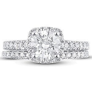 AHTAMOS Bridal Set 2-1/5 CT TW Round Cut Moissanite Engagement Ring Wedding Band Set for Women Platinum Plated Silver Size 7.5