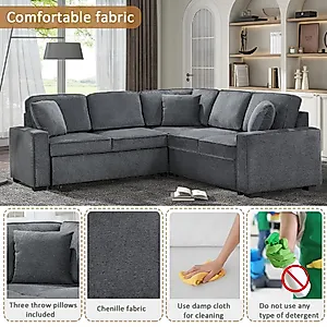 THSUPER 82'' Chenille L-Shaped Sleeper Sectional Sofa with Pull-Out Bed & Reversible Convertible Feature for Living Room, 5-Seater with 3 Pillows Included. Dark Grey