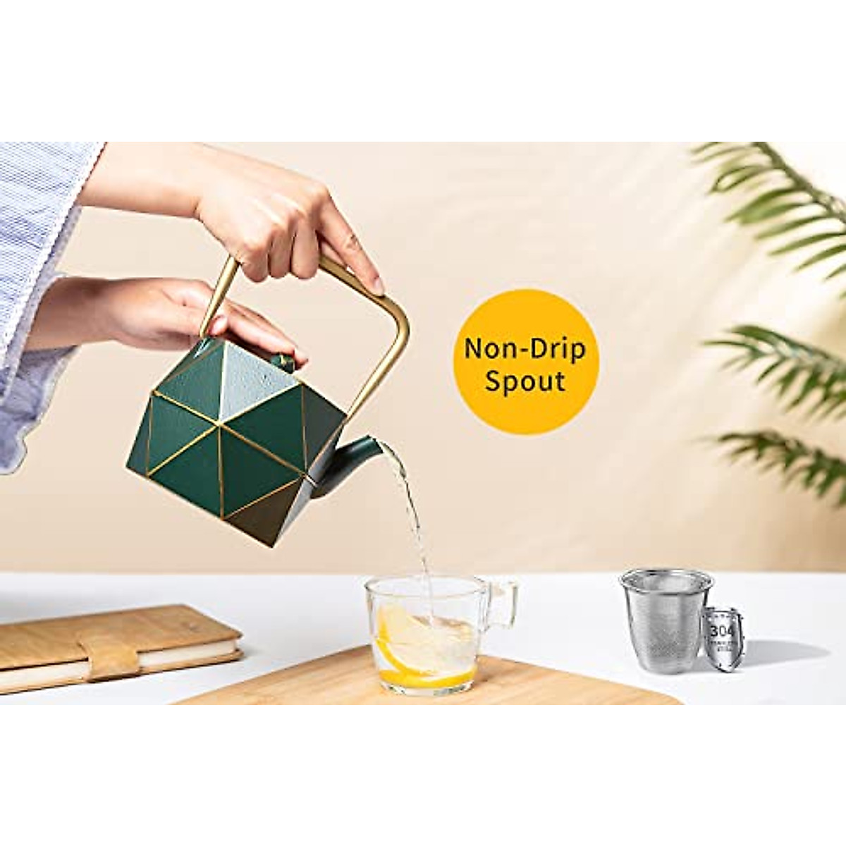 Toptier Cast Iron Teapot, Stovetop Safe Japanese Cast Iron Tea Kettle, Diamond Design Tea Pot with Removable Infuser for Loose Tea, 30 Ounce (900 ml), Dark Green