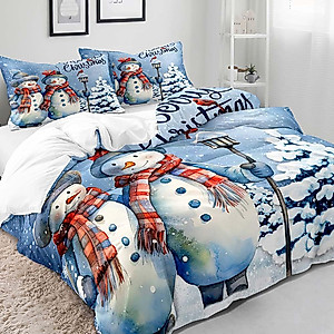 LUVIVIHOME 3PCS Snowman Duvet Cover King Bedding, Christmas Bedding, Light Blue Bedding, Boys Girls Kids Bedding, Holiday New Year Xmas Gifts Christmas Comforter Bedspread Quilt Cover, 2 Pillow Cases