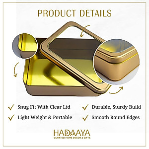 hadaaya Gold Rectangular Tin Container With Clear Lid, Single Piece Christmas Cookie Tin, Festive Tin for Gift Giving & Holiday Treats - Multipurpose Use Medium Size Tin Container