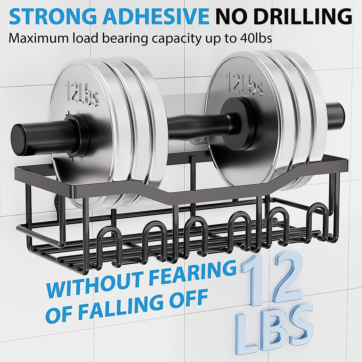 kitims Adhesive Shower Caddy, 5 Pack Shower Organizer Hanging with Large Capacity Stainless Steel Shower Organizers and Storage Rustproof Shower Shelf for Inside Shower, No Drilling, Black