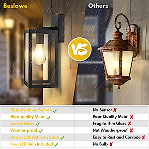 2-Pack Dusk to Dawn Outdoor Wall Light Fixtures with 2 LED Bulbs, Exterior Wall Mount Lanterns Waterproof, Wall Sconces in Matte Black Anti-Rust Wall Lamps with Clear Glass for Doorway Porch Garage