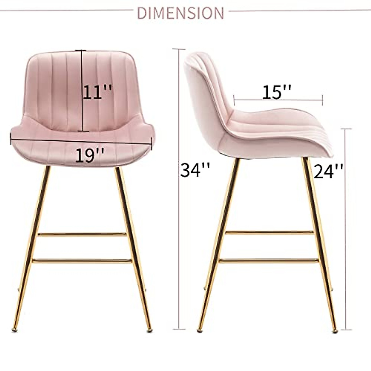 Whiterye Pink Bar Stools Set of 2, 24 Inch Counter Height Barstools with Back, Modern Bar Stools Gold Legs, Kitchen Stools for Island, (Pink).