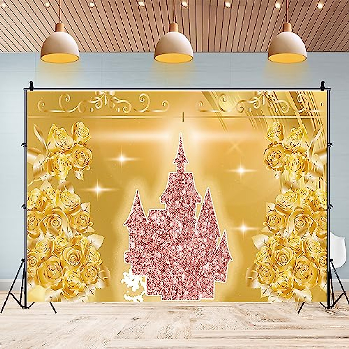 5x4Ft Cartoon Princess Castle Backdrops Rose Gold Pink Glitter Royal Castle Birthday Party Backdrop Decoration Cake Table Banner Photo Booth Props Girls Princess Party Decor Supplies