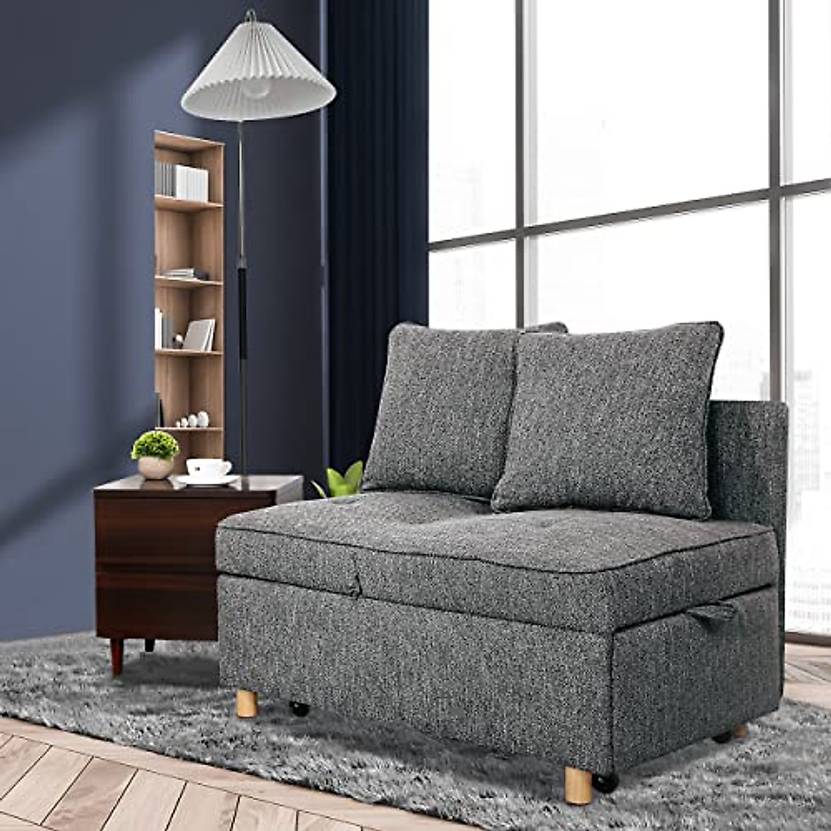 SEJOV Sofa Bed 4-in-1 Convertible Sofas & Couches, 3-Seat Linen Fabric loveseat Sofa with 2 Throw Pillow, Single Recliner for Small Space with 5 Adjustable Backrest, Dark Grey