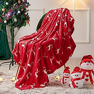 FY FIBER HOUSE Christmas Home Decor Flannel Fleece Throw Blanket for Couch Sofa with Reindeer Print，60"X80", Red