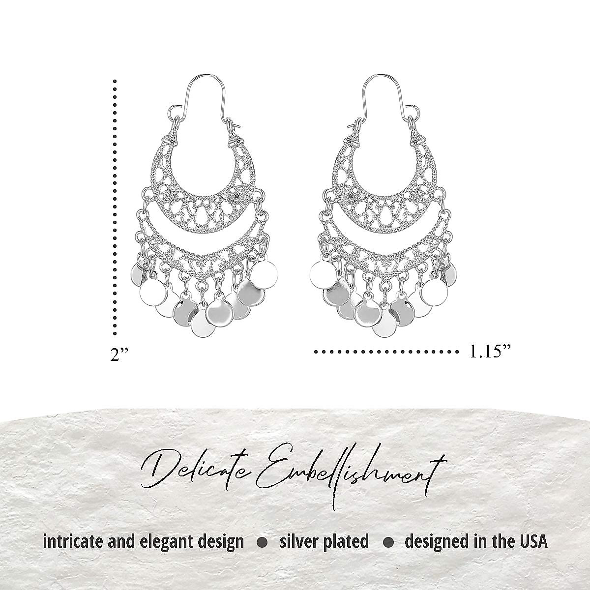 Bohemian Boho Chandelier Dangle Drop Earrings for Women – Lightweight Filigree Gypsy Coin Disc Tassel Charm Hoops – included Gift Box (Silver)