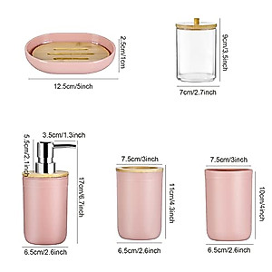 iMucci Bathroom Accessories Set 5Piece Plastic Bathroom Decor Sets Accessories, Toothbrush Holder, Toothbrush Cup, soap Dispenser, soap Dish(Pink Bamboo Cover)