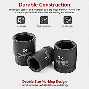 Meiwaltee 1/2-Inch Drive Metric Shallow impact Socket Set,16 PCS Metric 10-24mm Set,Includes 72-Tooth Ratchet and 3'' Extension Bar,Cr-V, 6 Point