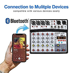 BOMGE 6 Channel Audio Sound Mixer - Professional Digital DJ Mixing Console for Live Streaming, Karaoke and Stereo Recording - With PC Computer Record Playback/Bluetooth/MP3/USB/48V /16 DSP Echo