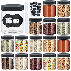 Plastic Jars with Lids, 16 oz Plastic Containers with Lids Clear Airtight Container Storage Jar Mason Jars for Dry Food Peanut Butter Honey Jam Cosmetics, Pack of 16 (16 PCS Black Lids)