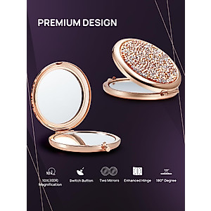 OMIRO 1X/10X(300R) Magnifying Compact Mirror, Mini Mix Diamond Metal Pocket Makeup Mirror (Rose Gold)