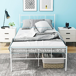 wOod-it Twin Bed Frame with Headboard - 12.8 Inch Metal Platform, Noise-Free Heavy-Duty Steel Slat Mattress Foundation, No Box Spring Required - White