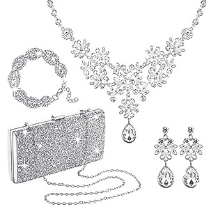 4 Pieces Silver Clutch Purse Rhinestone Jewelry Set for Women Glitter Evening Clutch Bag and Crystal Dangle Earrings Bridal Wedding Necklace Bracelet Prom Jewelry Set for Wedding Bridal Evening Party