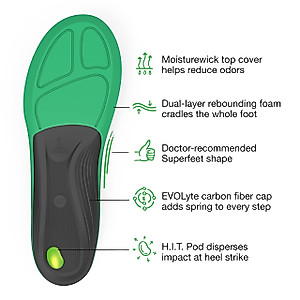 Superfeet RUN Comfort - Carbon Fiber Orthotic Shoe Insoles - High Arch Support for Running Shoes - 13.5-15 Men / 14.5-16 Women