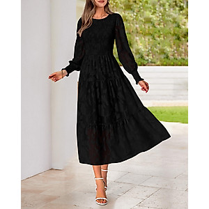 BTFBM Casual Women's 2025 Spring Dresses Elegant Wedding Guest Dress Long Sleeve Floral Midi Dress Flowy Bohemian Long Dress(Black,Small)