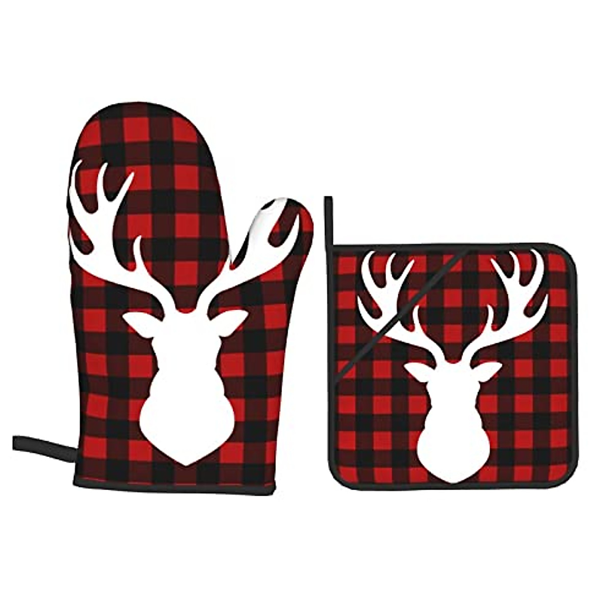 Deer Buffalo Plaid Christmas 4pcs Oven Mitts and Pot Holders Sets Kitchen High Heat Resistant Non Slip Oven Glove for Cooking BBQ Baking Grilling