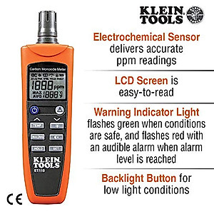 Klein Tools ET110 CO Meter, Carbon Monoxide Tester and Detector with Exposure Limit Alarm, 4 x AAA Batteries and Carry Pouch Included