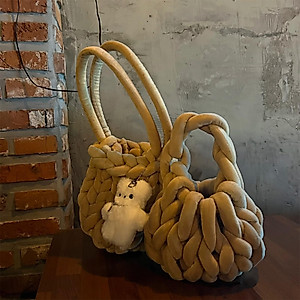 Super Soft Velvet Bulky Tube Yarn for Hand Knitting Blanket for Braided Knot, Giant Arm Knitting Yarn for Knitting Throw Rugs Pillow(Khaki 0.55lb)