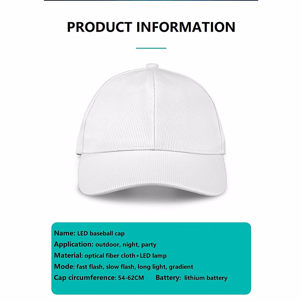 LED Light Up Hat for Men，7 Colors Glow Hat Fiber Optic Rave Luminous Baseball Cap for Women USB Charging White