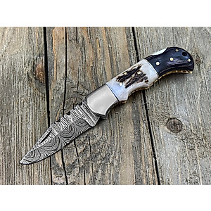 WINTERFELL Damascus Steel Folding Pocket Knife for Men with Leather Sheath, 100% Handmade Gifts for Husband, Dad, Boyfriend, Damascus Steel Groomsman Gift Knives