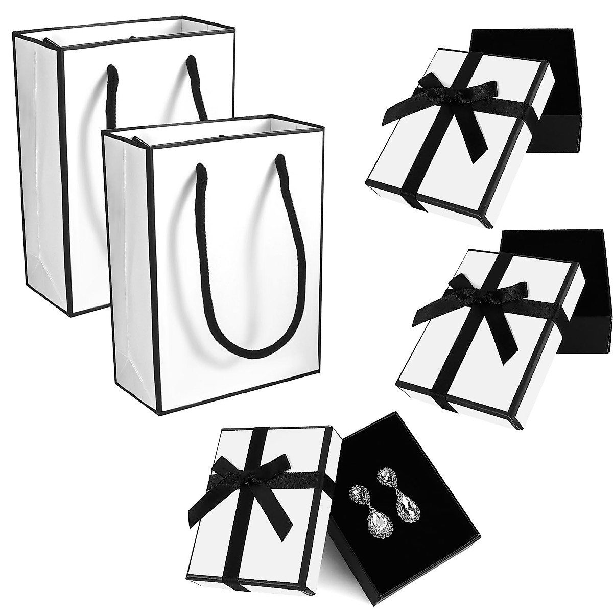 Tucnoeu 2Pcs White Small Gift Box and 2Pcs Small Gift Bag with Black Ribbons,Jewellery Gift Box for Bracelets, Earrings, Rings, Bangles, Jewelry(3.5x2.7x1.2in)