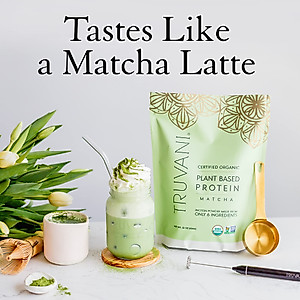 Truvani Vegan Matcha Protein Powder with Frother & Scoop Bundle - 20g of Organic Plant Based Protein Powder - Includes Portable Mini Electric Whisk & Durable Protein Powder Scoop