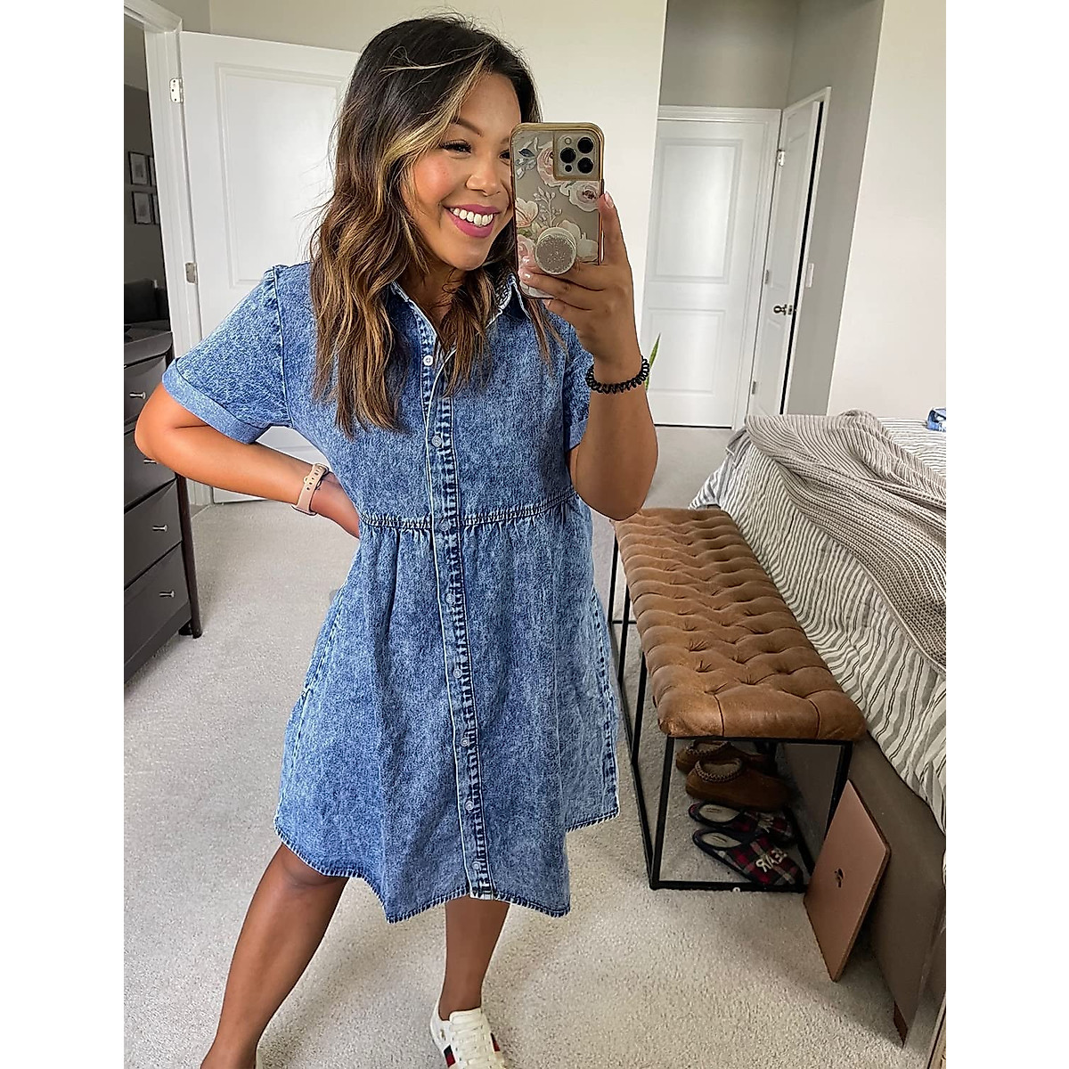 LookbookStore Denim Dress Womens Denim Babydoll Dress Short Sleeve Oversized Dress Lapel Collared Casual Dress for Women Summer Reef Blue Size L Babydoll Jean Dress Size 12, 14