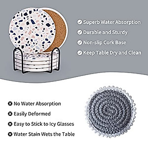 Coasters with Holder, Absorbent Coasters by DSNDVES, Set of 6 Ceramic Coasters, Marble Style Drink Coasters with Cork Base, Bar Coasters, Round Stone Coasters for Table Protection Terrazzo 34