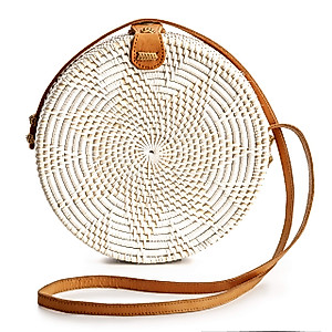 Novum Crafts Round Rattan Bag for Women - Handmade Rattan Straw Bags - Wicker Purse - Boho Bag - White Round Rattan Crossbody Beach Bags